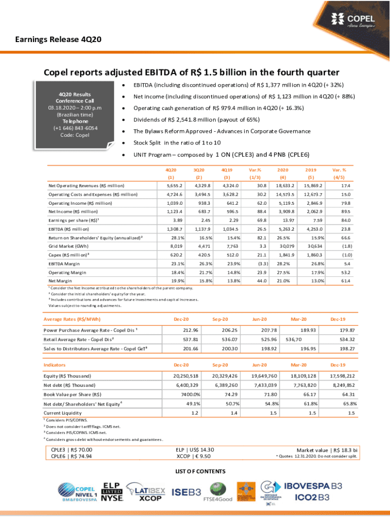 Fillable Online Copel reports adjusted EBITDA of R$ 1.5 billion in the ...
