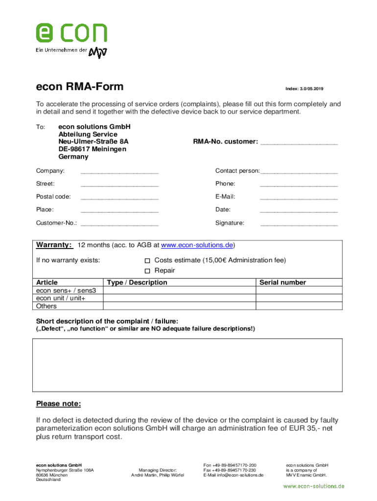 Fillable Online Rma Form for Service Orders - Econ Solutions Gmbh 2019 ...