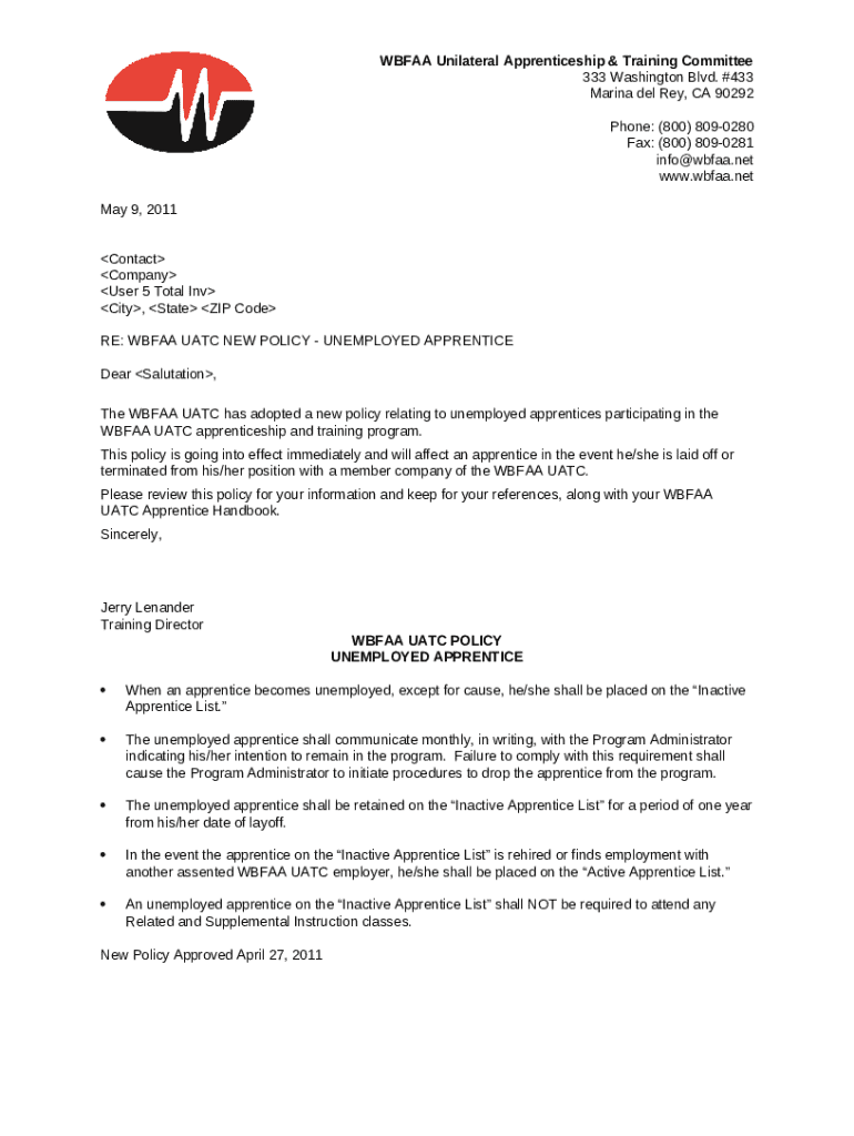 WBFAA Apprentice Training Program Doc Template | pdfFiller