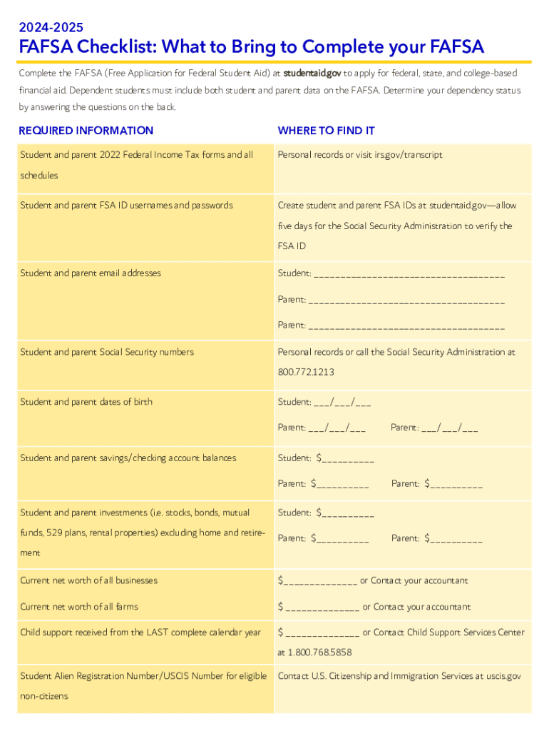 Fillable Online FAFSA Checklist: What to Bring to Complete your FAFSA ...