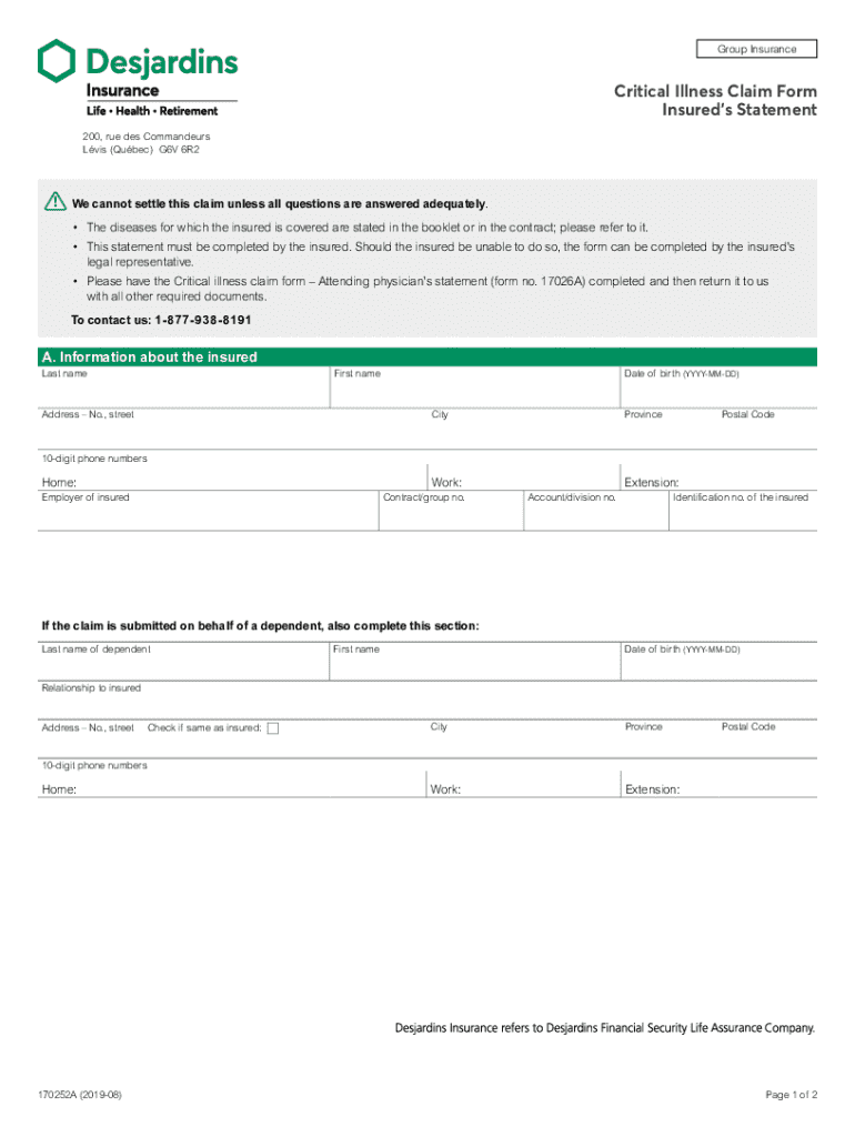 Fillable Online Critical illness claim formInsureds statement. This ...