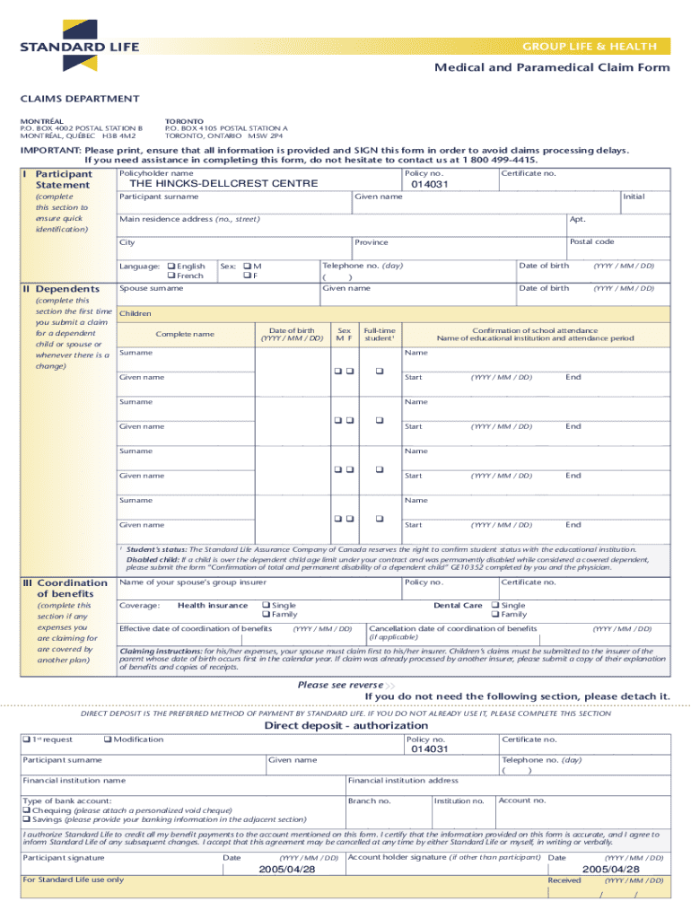 Fillable Online Fillable Online Medical and Paramedical Claim Form ...