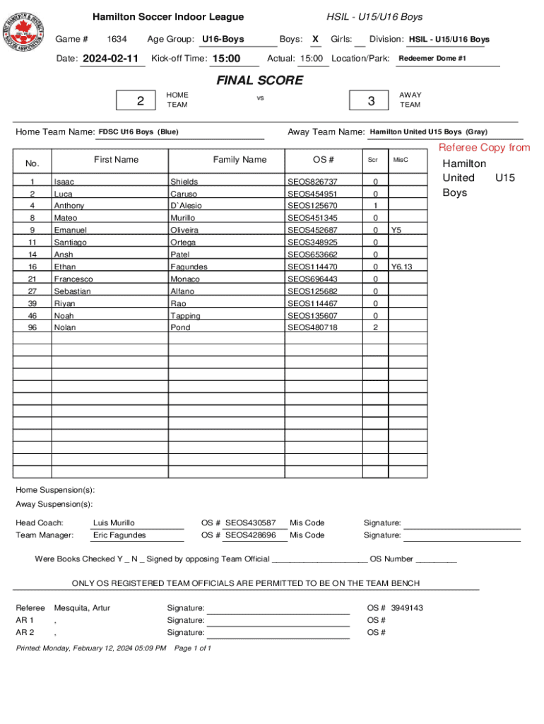 Fillable Online Hamilton and District Soccer Association Fax Email ...