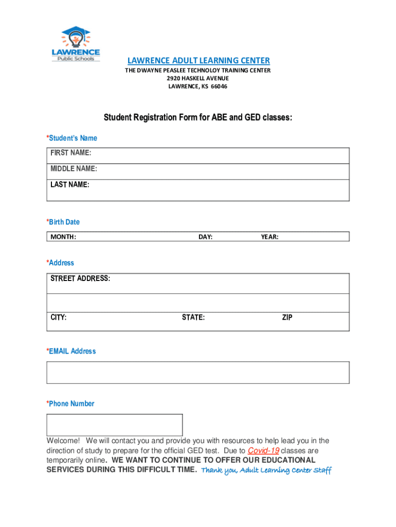 Fillable Online Student Registration Form for ABE and GED classes Fax ...