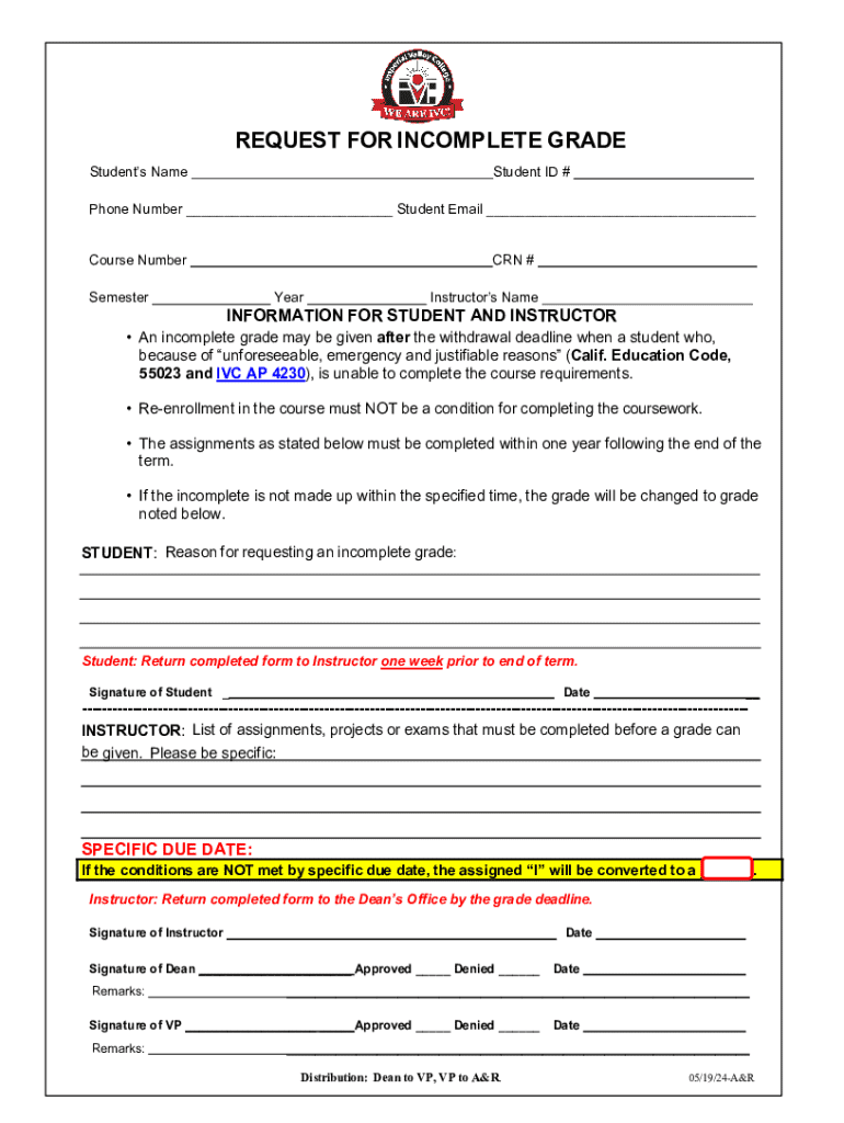 Fillable Online Imperial Valley College - Request for Incomplete Grade ...