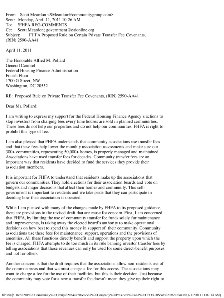 Fillable Online Form Letter 4. Private Transfer Fees Proposed Rule, RIN ...