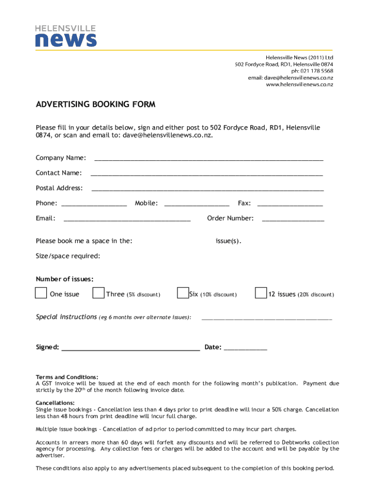 Fillable Online Helensville News Advertising Booking Form ... Fax Email ...