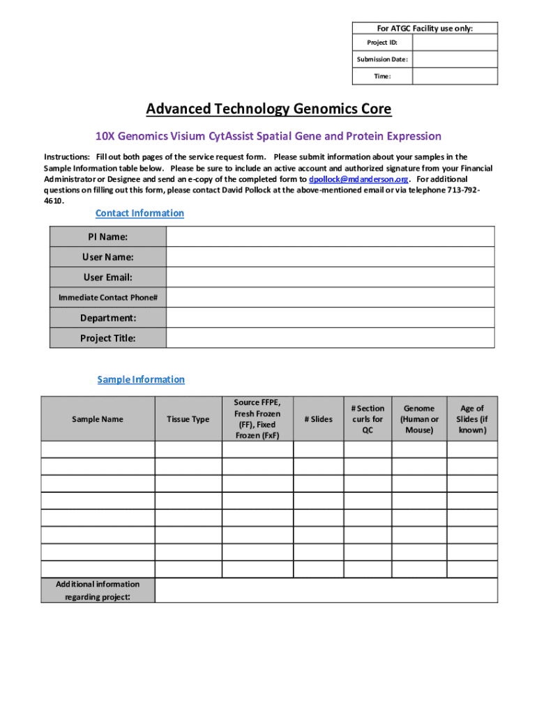 Fillable Online 10X Genomics Visium CytAssist Form. Spatial Transcriptomics Request Form Fax ...