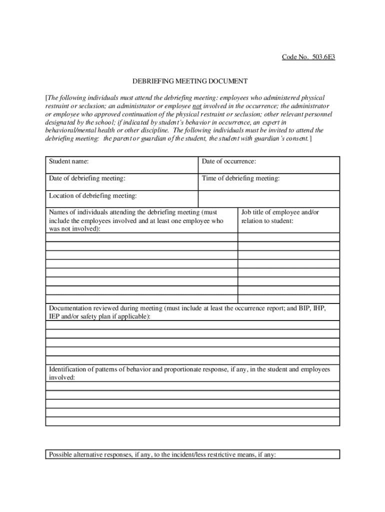 Fillable Online Code No. 503.6E2 Debriefing Letter to Guardian of Student ... Fax Email Print ...