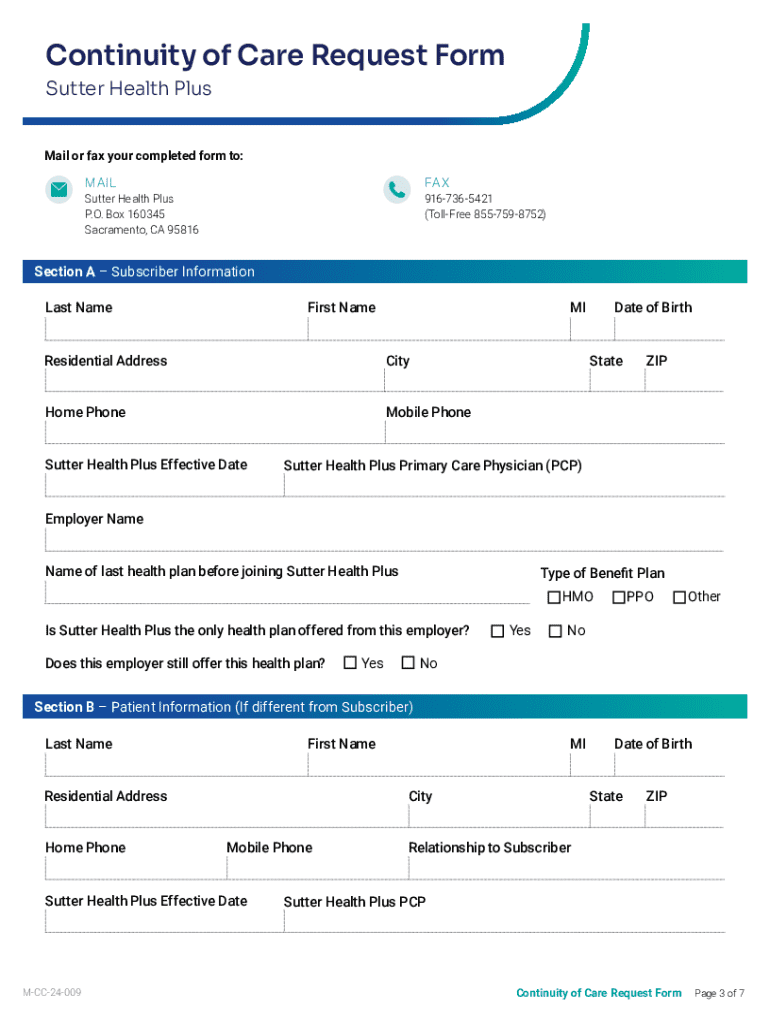 Fillable Online Continuity of Care Form Sutter Health Plans - Fax Email ...
