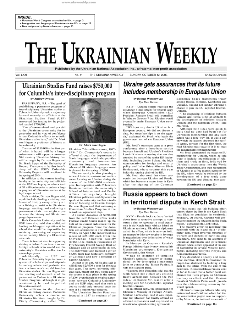Fillable Online The Ukrainian Weekly 2003, No.41. The Ukrainian Weekly ...