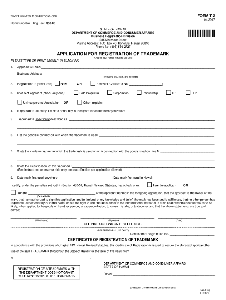 Fillable Online Form T-2. Application for Registration of Trade Mark ...