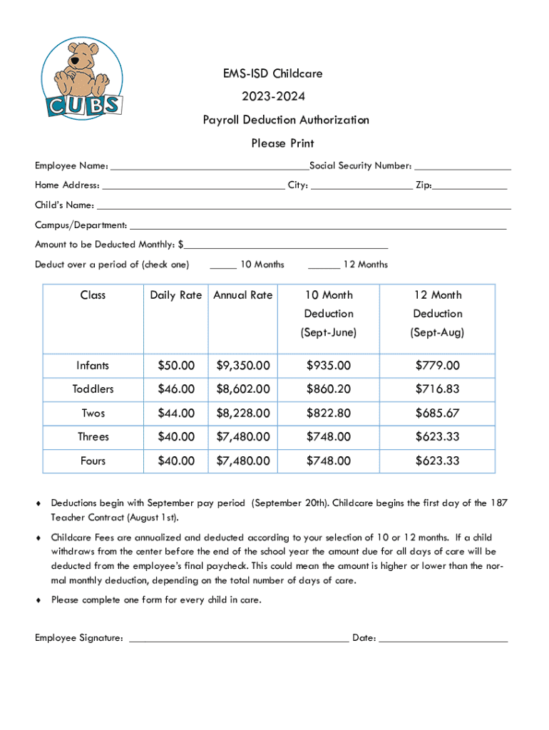 Fillable Online Ems-isd Childcare Payroll Deduction Authorization 2023 ...
