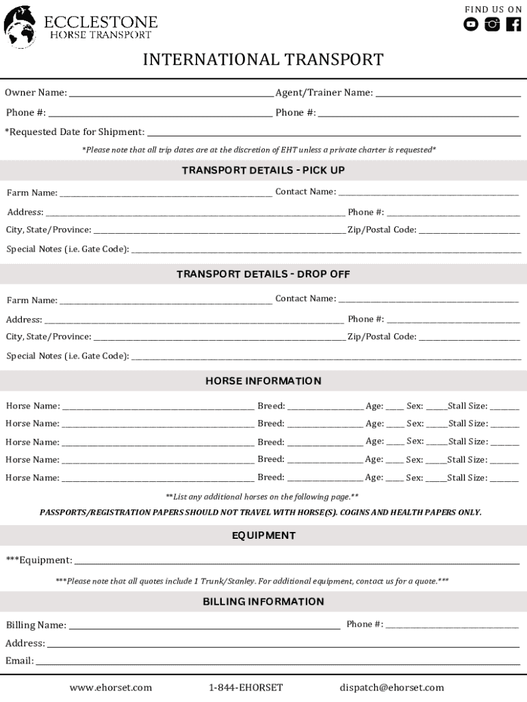 Fillable Online EHT: INTERNATIONAL TRANSPORT w\' lines & address ...