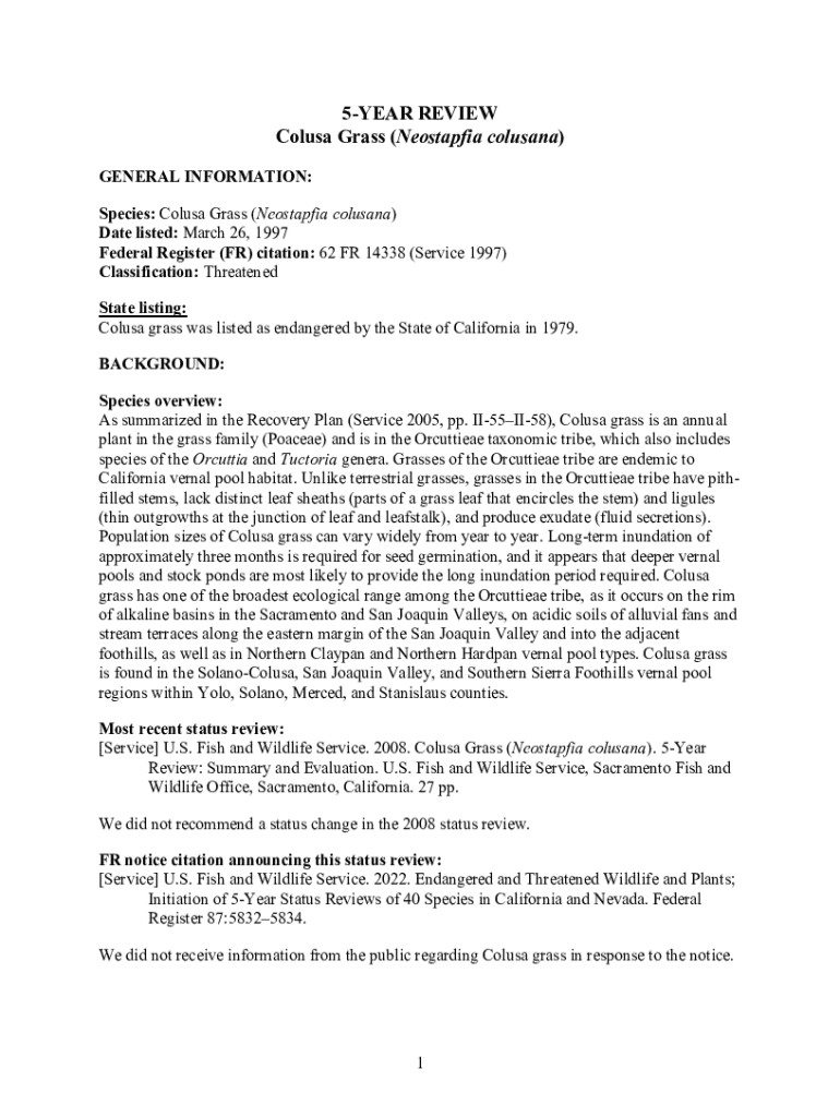 Fillable Online Species Profile for Colusa grass(Neostapfia colusana ...