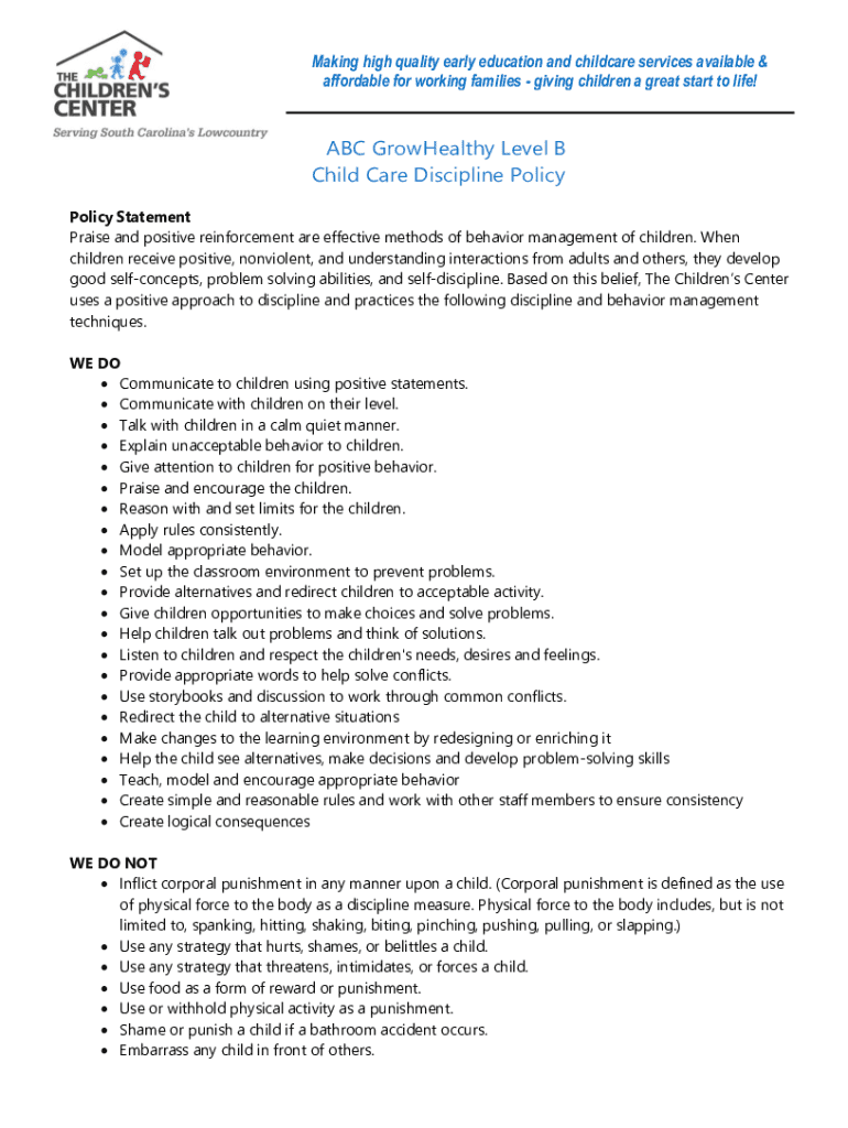 Fillable Online ABC Grow Healthy Level B Child Care Discipline Policy ...
