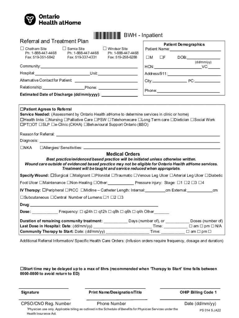 Fillable Online *BWH* BWH - Inpatient - Ontario Health atHome Fax Email ...