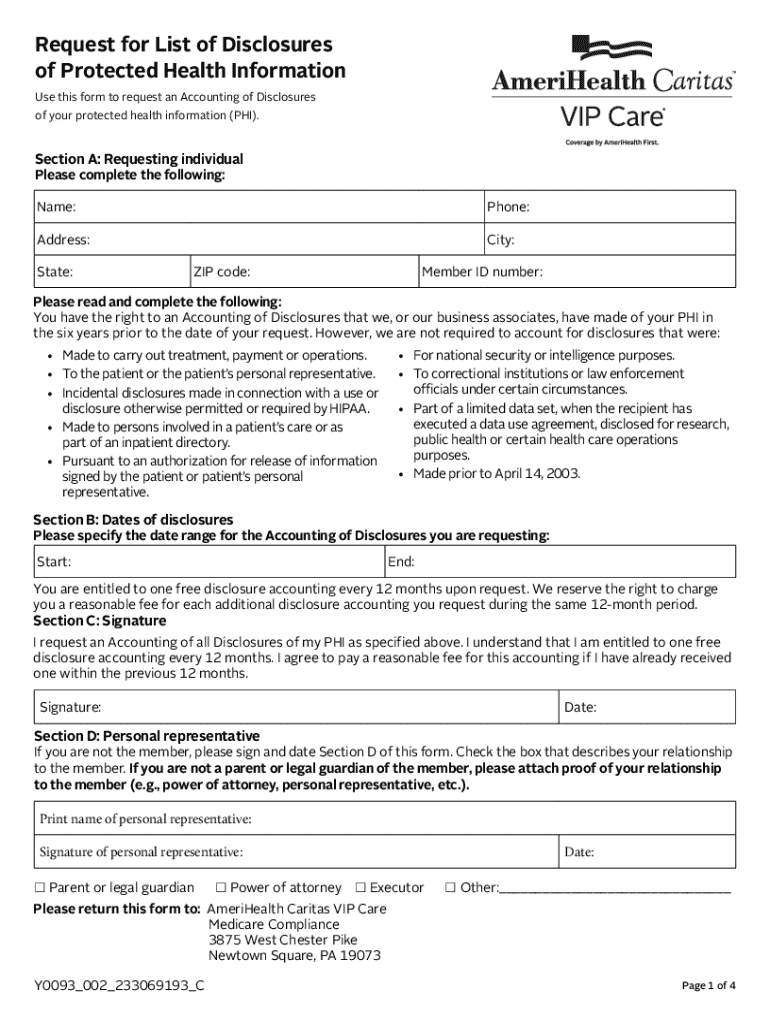 Fillable Online Request for List of Disclosures of Protected Health InformationAmeriHealth ...