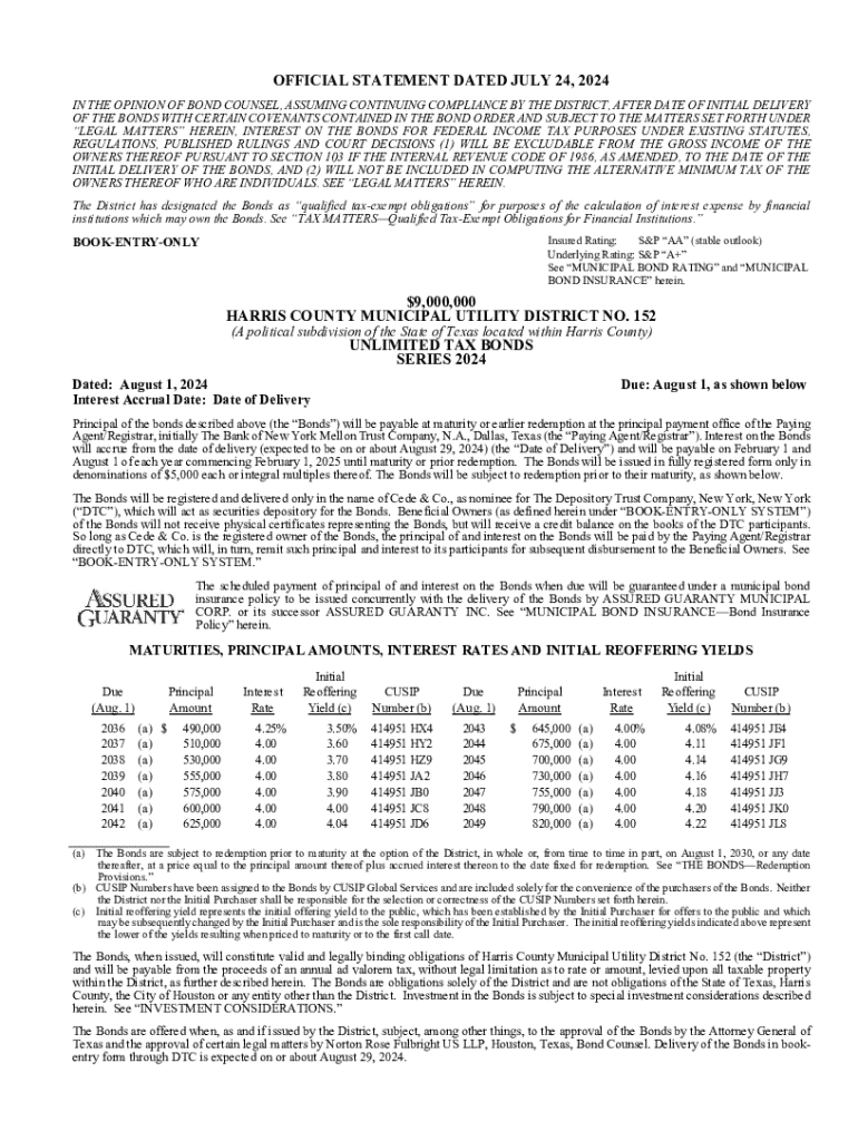Fillable Online OFFICIAL STATEMENT DATED JULY 11, 2024 The Bonds ...
