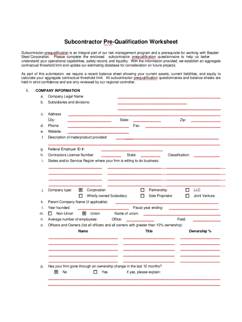 Fillable Online Subcontractor prequalification is an integral part of our risk management ...