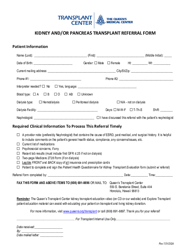 Fillable Online 24.07.31 Kidney and Pancreas Transplant Referral Form ...