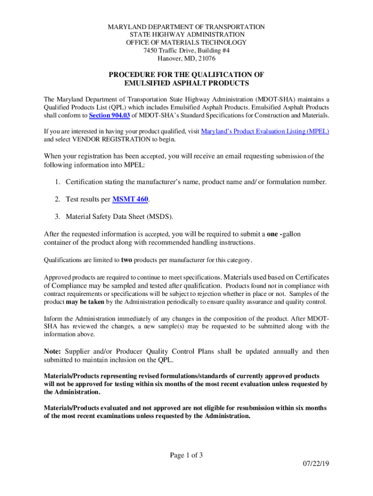 Fillable Online PROCEDURE FOR THE QUALIFICATION OF EMULSIFIED ASPHALT PRODUCTS. Qualified ...