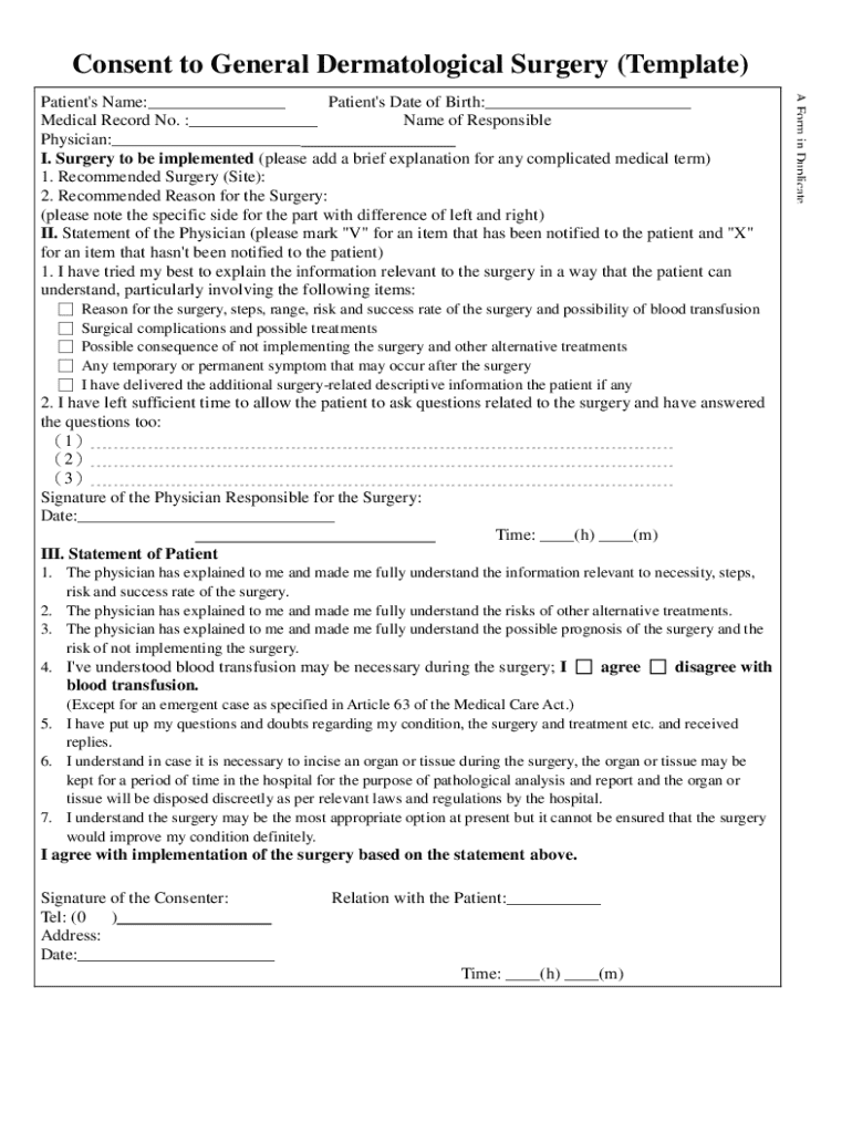 Fillable Online Consent to General Dermatological Surgery (Template ...