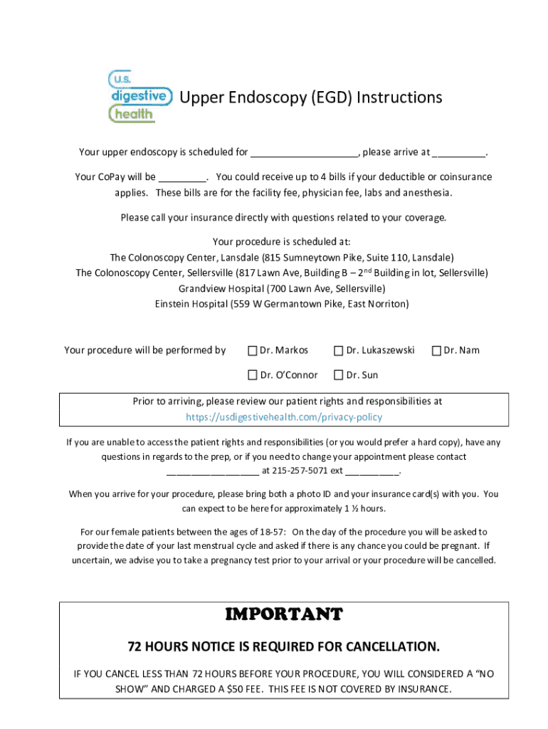 Fillable Online UPPER ENDOSCOPY (EGD)INSTRUCTIONS Fax Email Print ...