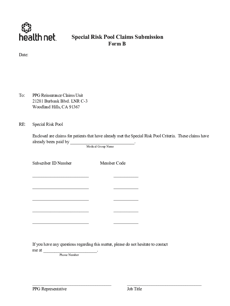 Fillable Online Special Risk Pool Claims Submission Form B. 2417 ...