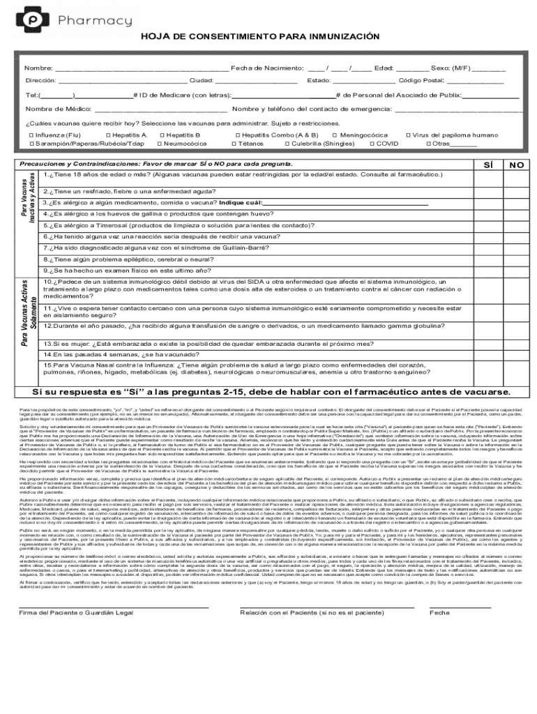 Rellenable en línea Publix Pharmacy Immunization Consent Form - Georgia ...