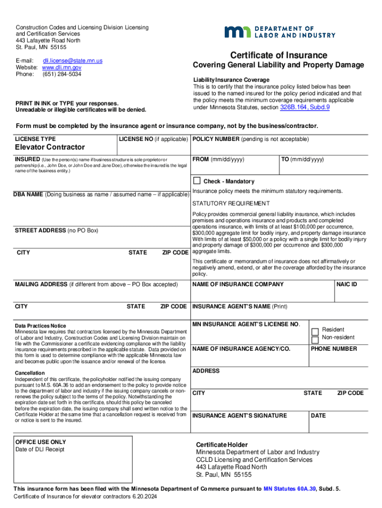 Fillable Online Certificates of insuranceMinnesota Department of Labor ...