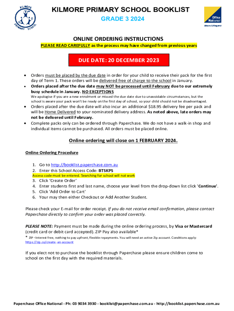 Fillable Online Kilmore Primary School Grade 3 Booklist 2024 - Online Ordering Instructions Fax ...