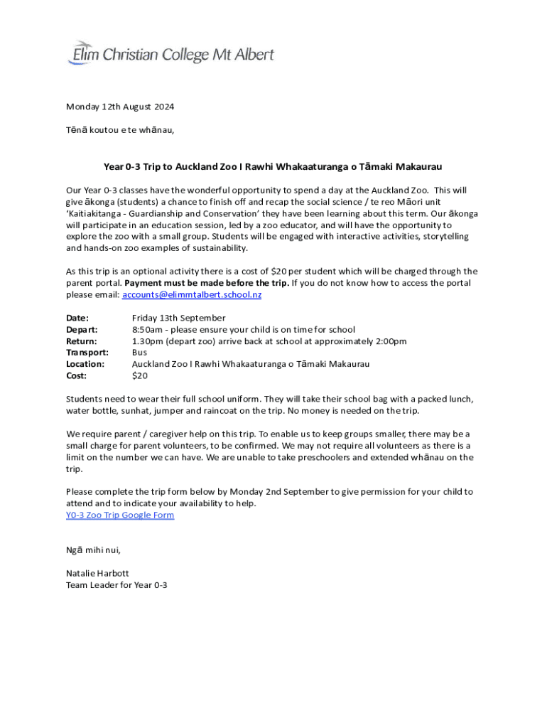 Fillable Online Auckland Zoo Trip for Year 0-3 Students - 2024 Fax Email Print - pdfFiller