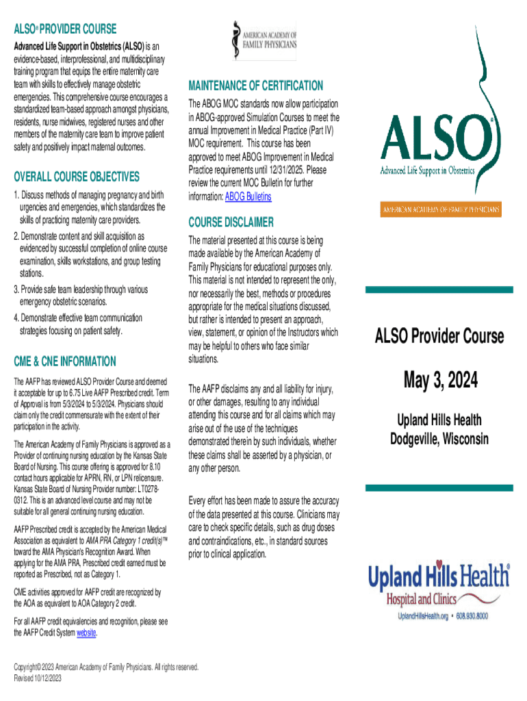Fillable Online Advanced Life Support in Obstetrics (ALSO) Provider ...