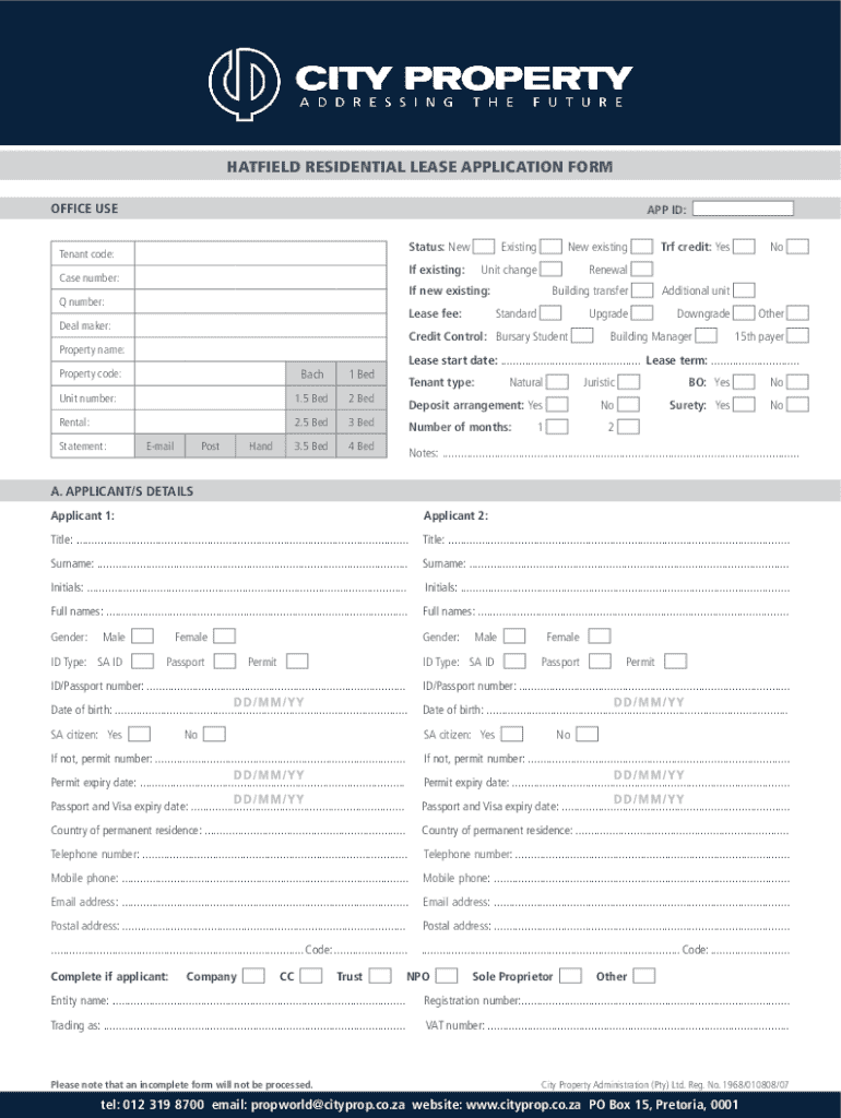 Fillable Online HATFIELD RESIDENTIAL LEASE APPLICATION FORM - The Fields Fax Email Print - pdfFiller