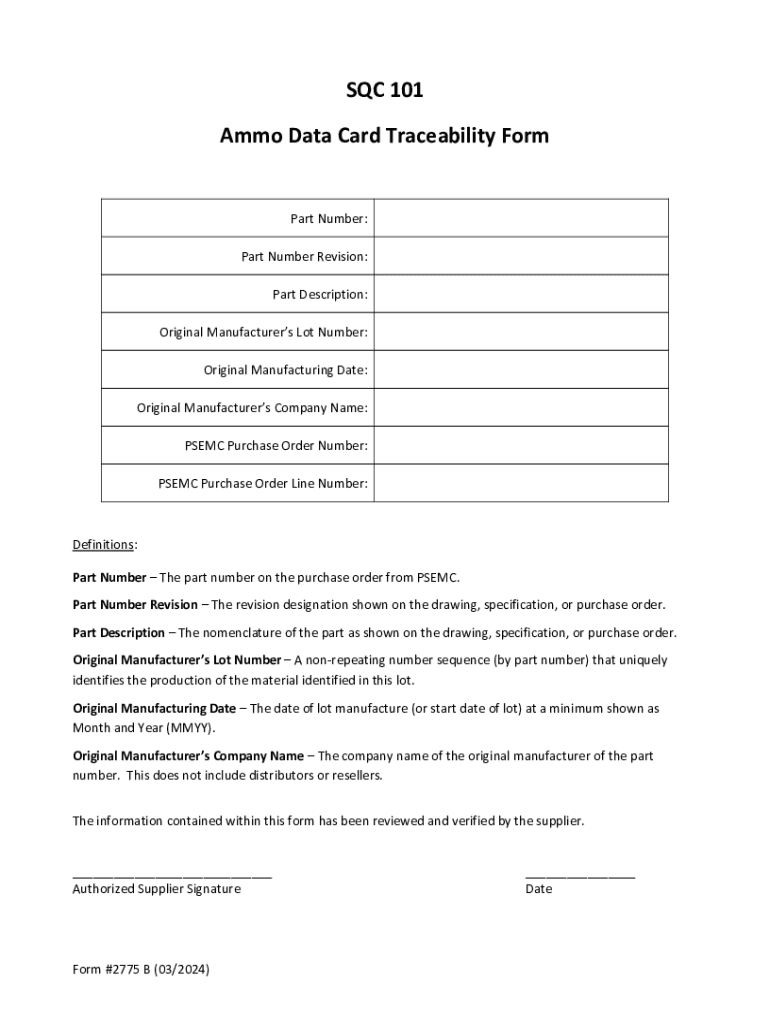 Fillable Online Get SQC 101 Ammo Data Card Traceability Form Fax Email ...