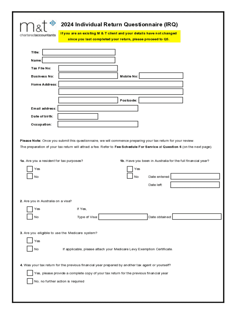 Fillable Online 2024 Individual Return Questionnaire for Tax ...