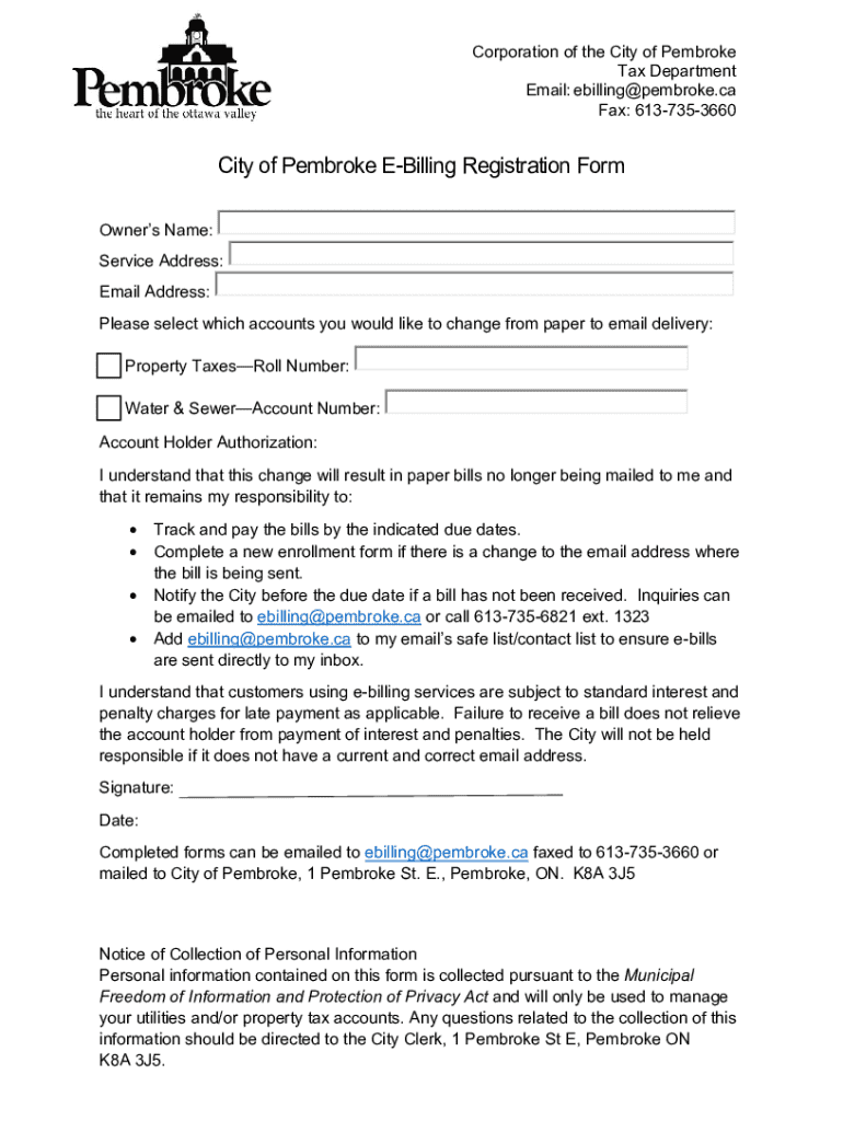 Fillable Online City of Pembroke E-Billing Registration Form Fax Email ...