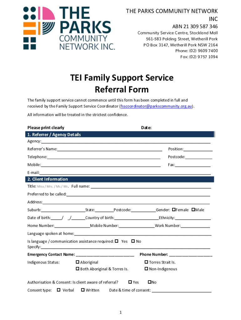 Fillable Online TEI Family Support Service Referral Form Fax Email ...