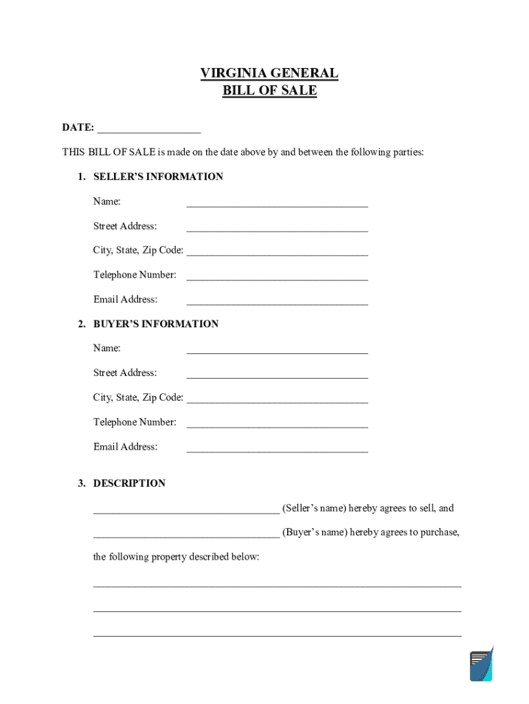 Fillable Online Virginia General Bill of Sale Template. Virginia ...