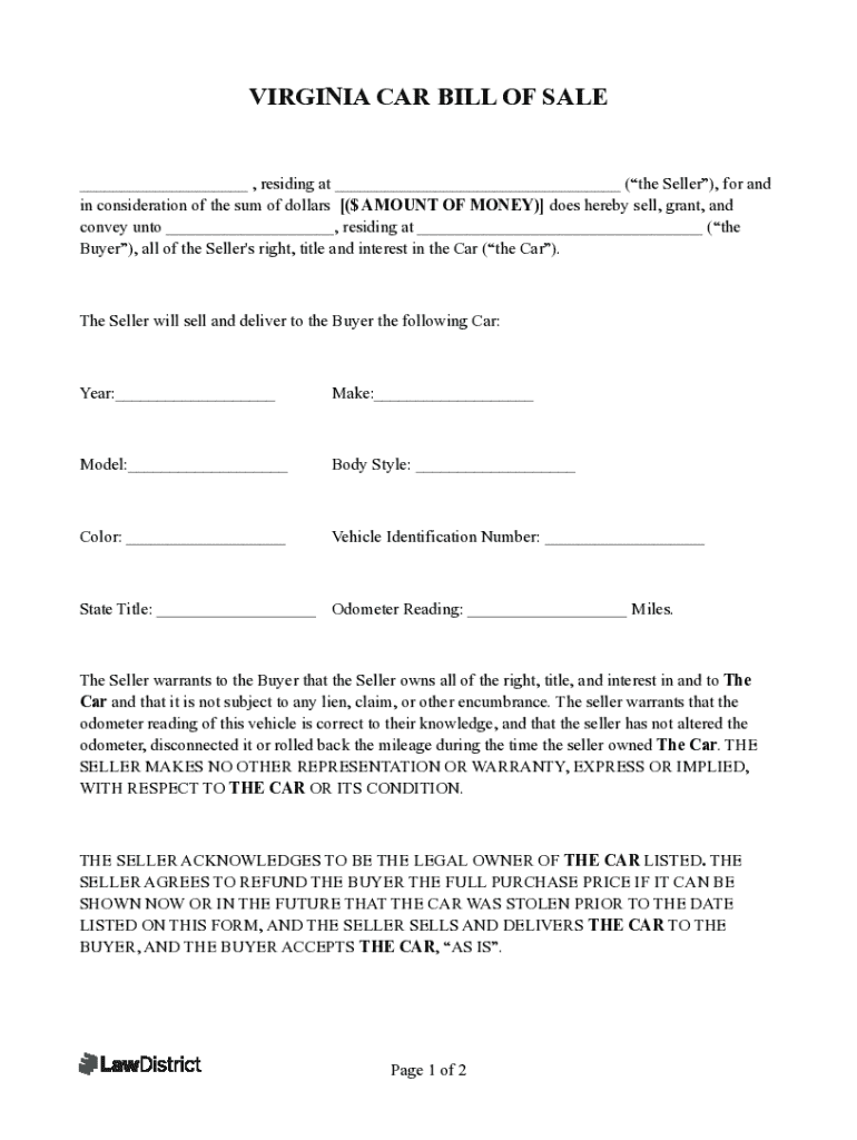 Fillable Online Virginia Bill of Sale of Motor Vehicle / Automobile ...