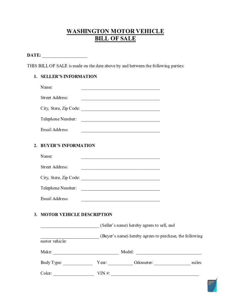 Fillable Online Washington Bill of Sale Template. Washington bill of sale form Fax Email Print ...