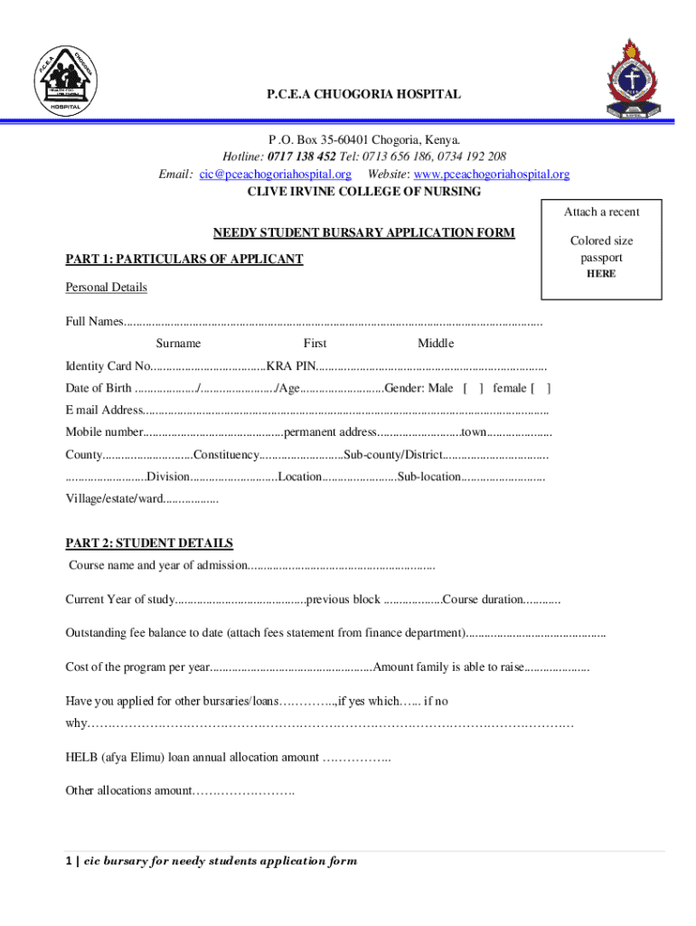 Fillable Online 1 cic bursary for needy students application form P.C.E ...