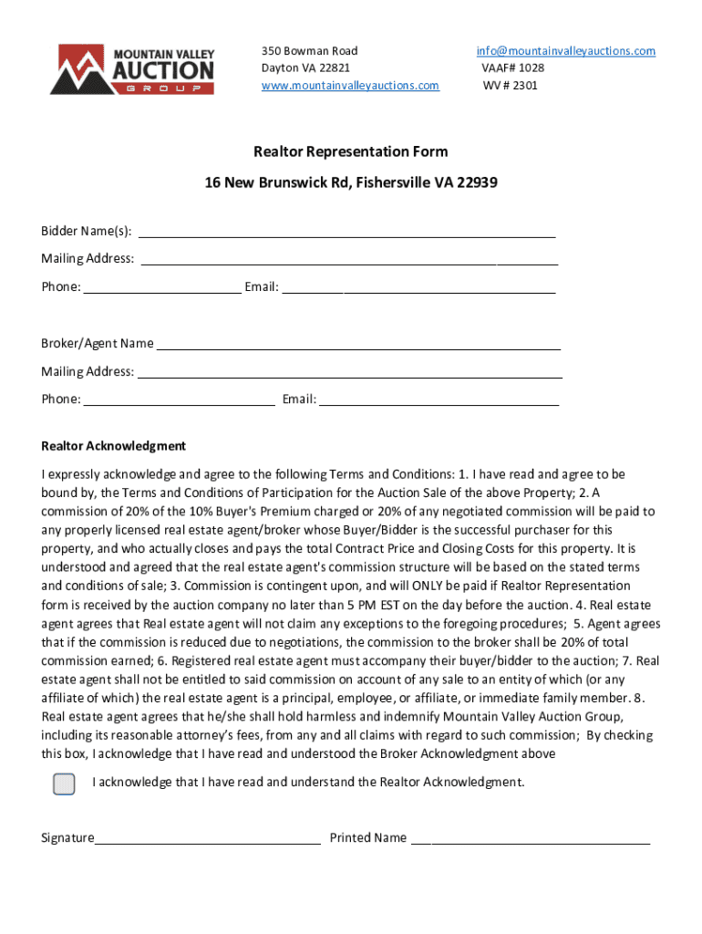 Fillable Online Realtor Representation Form 3341 Afton Mountain Road ...