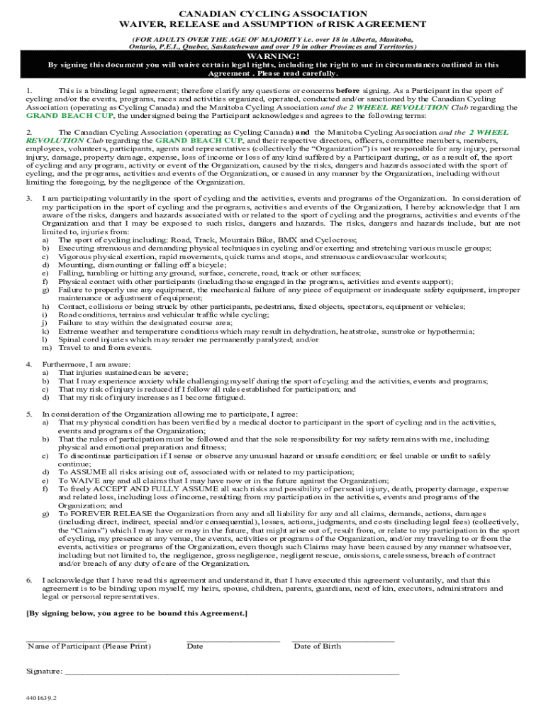 Fillable Online Fillable Online CANADIAN CYCLING ASSOCIATION WAIVER ...