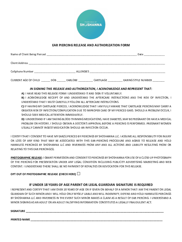 Fillable Online Piercing Release Form - Fill Online, Printable ...