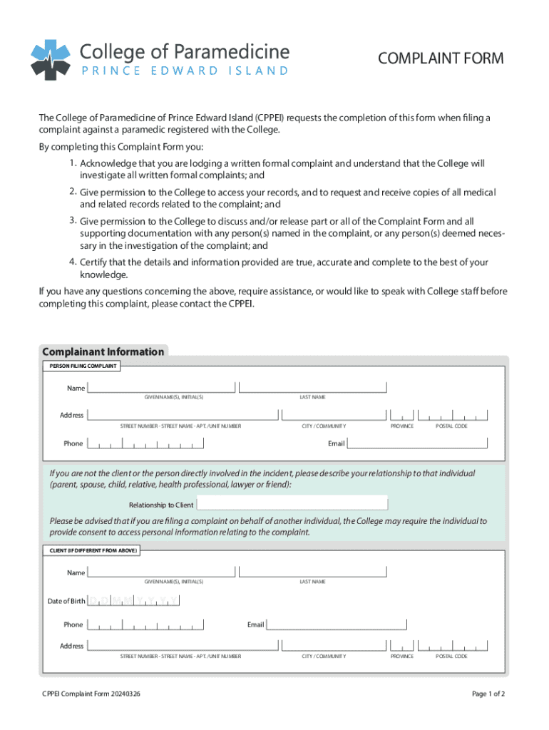 Fillable Online College of Paramedicine of Prince Edward Island ...