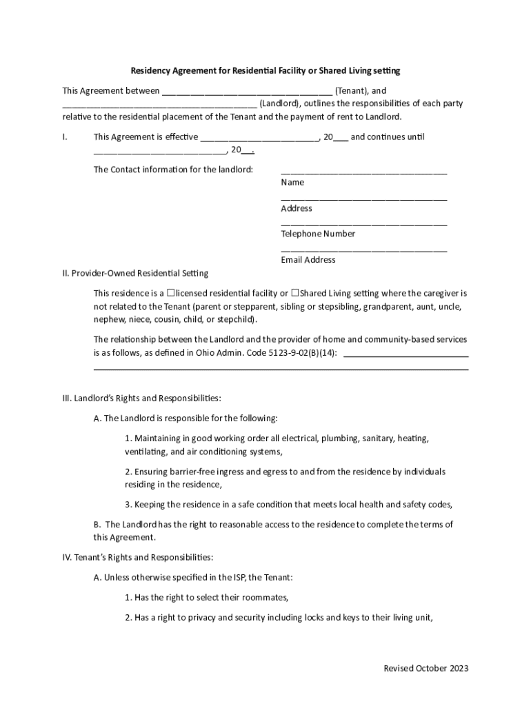 Fillable Online Residency Agreement for Residential Facility or Shared ...