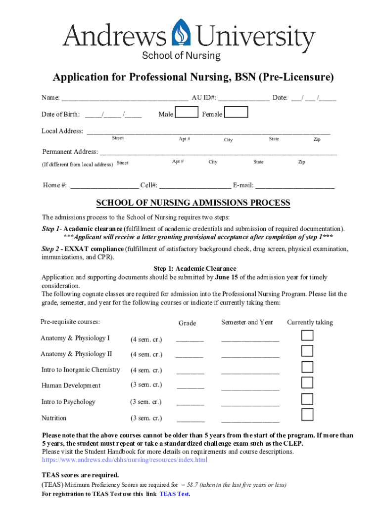 Fillable Online Application for Professional Nursing, BSN (Pre ...