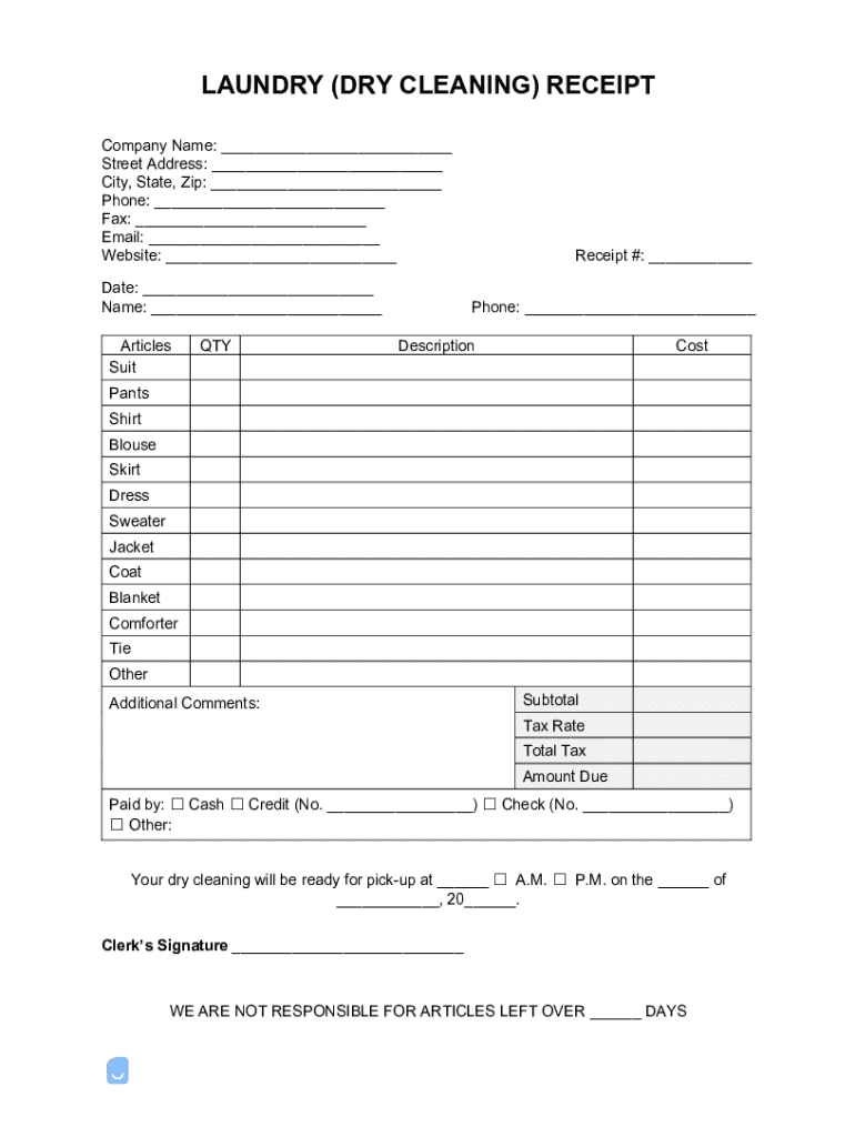 Fillable Online Laundry (Dry Cleaning) Receipt Template Fax Email Print ...